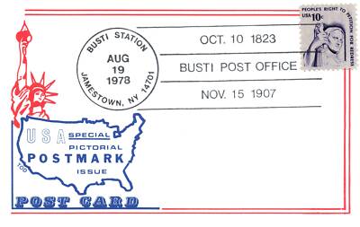 US SPECIAL PICTORIAL CANCEL POSTAL CARD BUSTI POST OFFICE JAMESTOWN NY ...