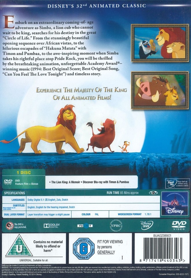 The Lion King (1994) DVD, Disney, Matthew Broderick, Rowan Atkinson, R ...