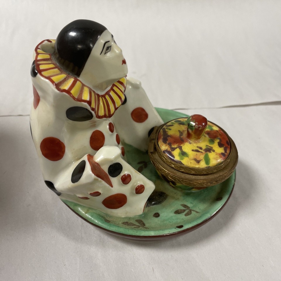 VTG FRENCH ART DECO PIERROT CLOWN JESTER PORCELAIN INKWELL PEN FIGURINE ...