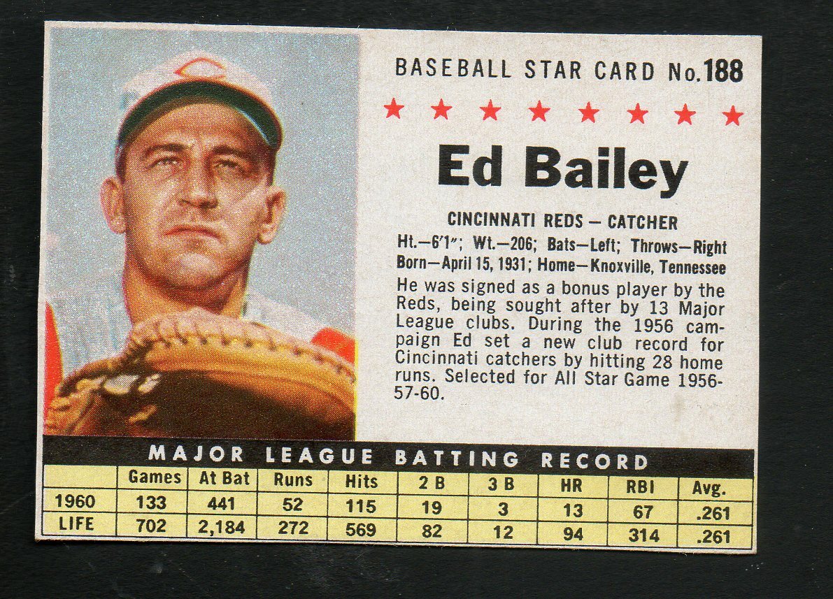 1961 Post Baseball Card #188A Ed Bailey-Cincinnati Reds Ex Mint Card | eBay