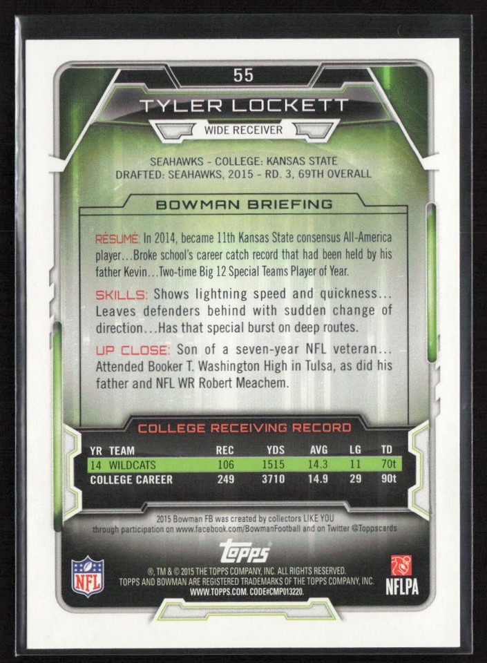 2015 Bowman Rookies Rainbow Black Tyler Lockett #55 Rookie Seattle ...