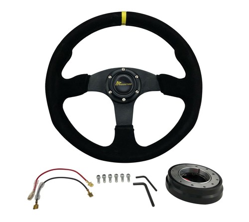 350mm Universal JDM Racing Suede Alloy Steering Wheel & Low Pro Quick ...
