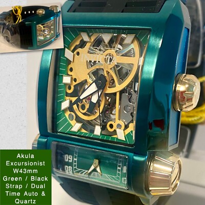 Green DUAL TIME Auto & Qtz Rectangle W43 x L56mm Black Strap AKULA ...