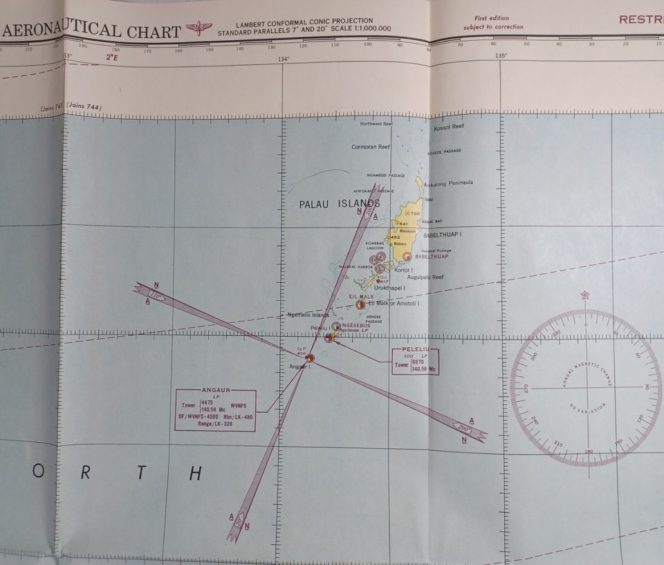 WW2 WWII Palau Islands, Peleliu Army AF Restricted Aeronautical Map 28. ...
