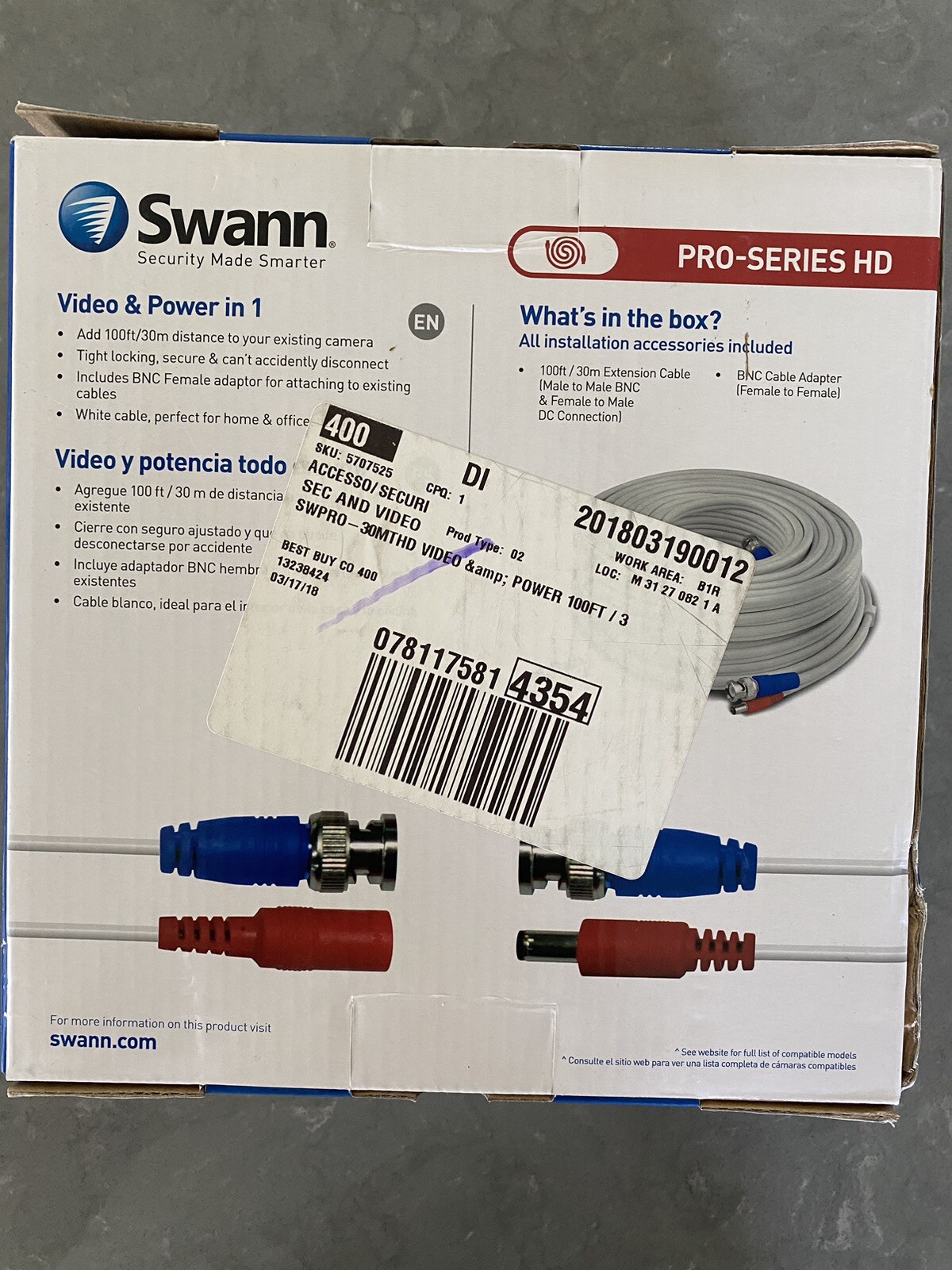 Swann SWPRO-30MTVF-GL 100ft Extension Surveillance Camera Cable for ...