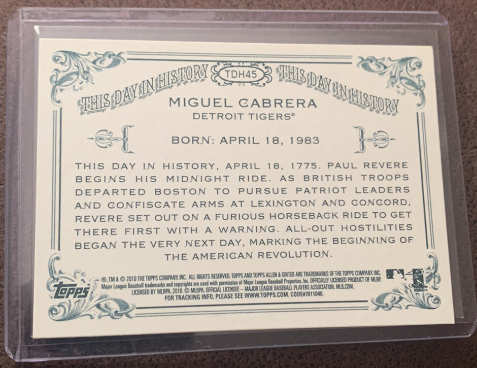 Miguel Cabrera 2010 Allen and Ginter This Day in History #TDH45 Detroit ...