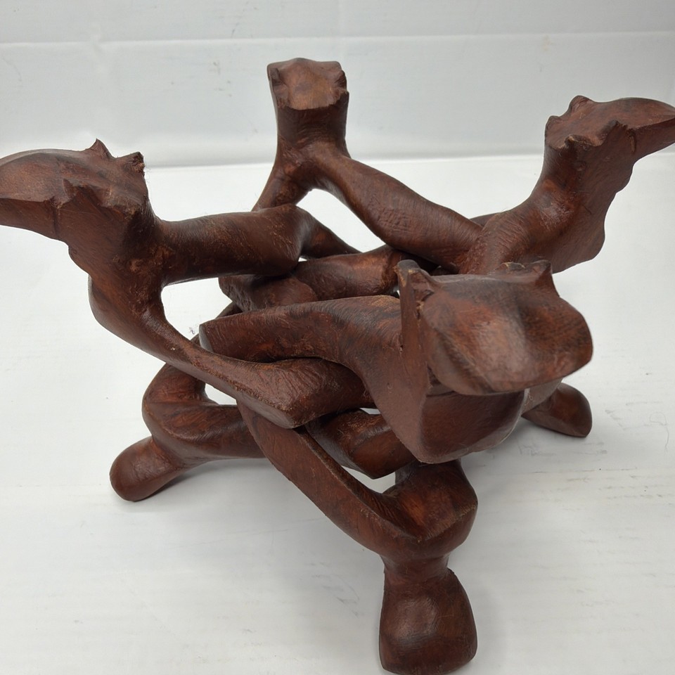 VTG Hand Crafted Interlocking Iron Wood Stand Abstract Heads Sculpture ...