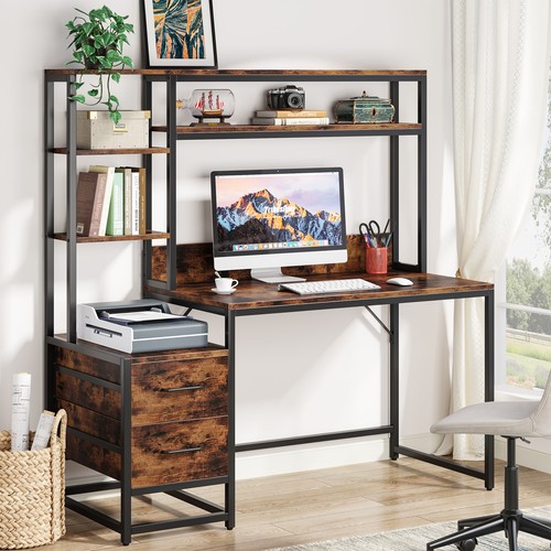 Rustic Computer Desk with Hutch Shelf Gaming Study Writing Table with 2 ...