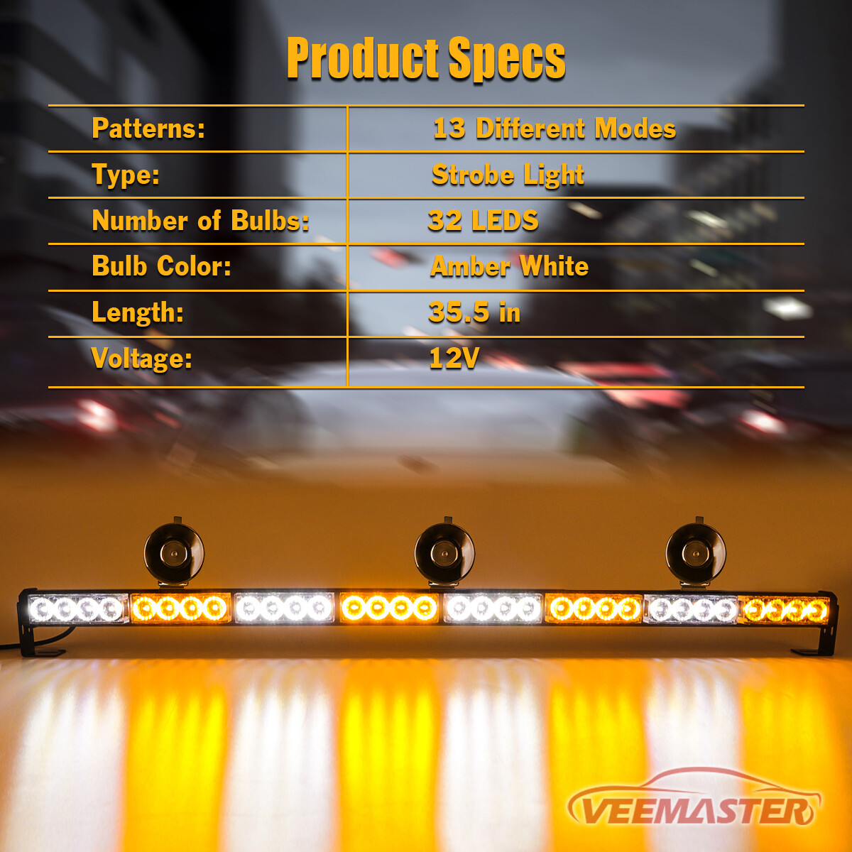 Car Led Interior Lights Car White Amber 144LED Windshield Strobe Light ...