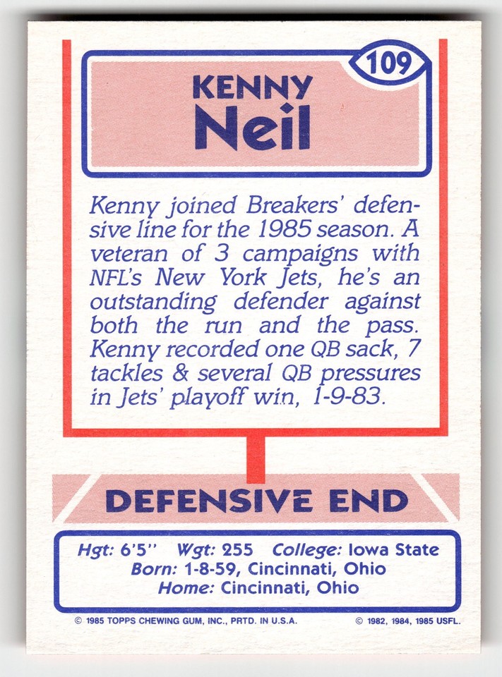 1985 Topps USFL FOOTBALL Kenny Neil #109 Portland Breakers HIGH GRADE ...