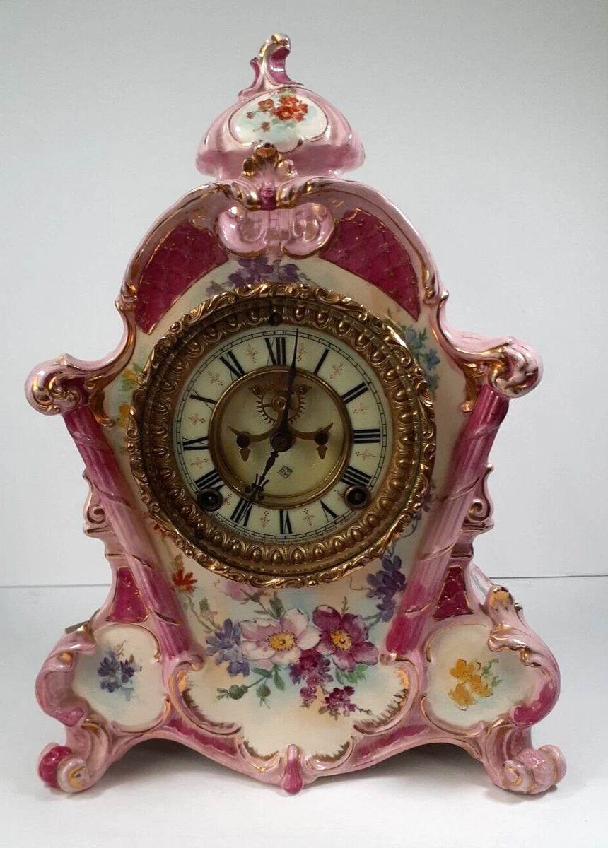 Antique Royal Bonn Pink Porcelain Mantel Clock W/ Ansonia, 50% OFF