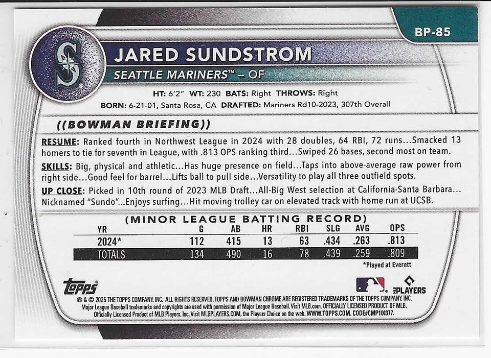 2025 Jared Sundstrom Bowman Prospect Paper 1st Bowman Seattle Mariners ...