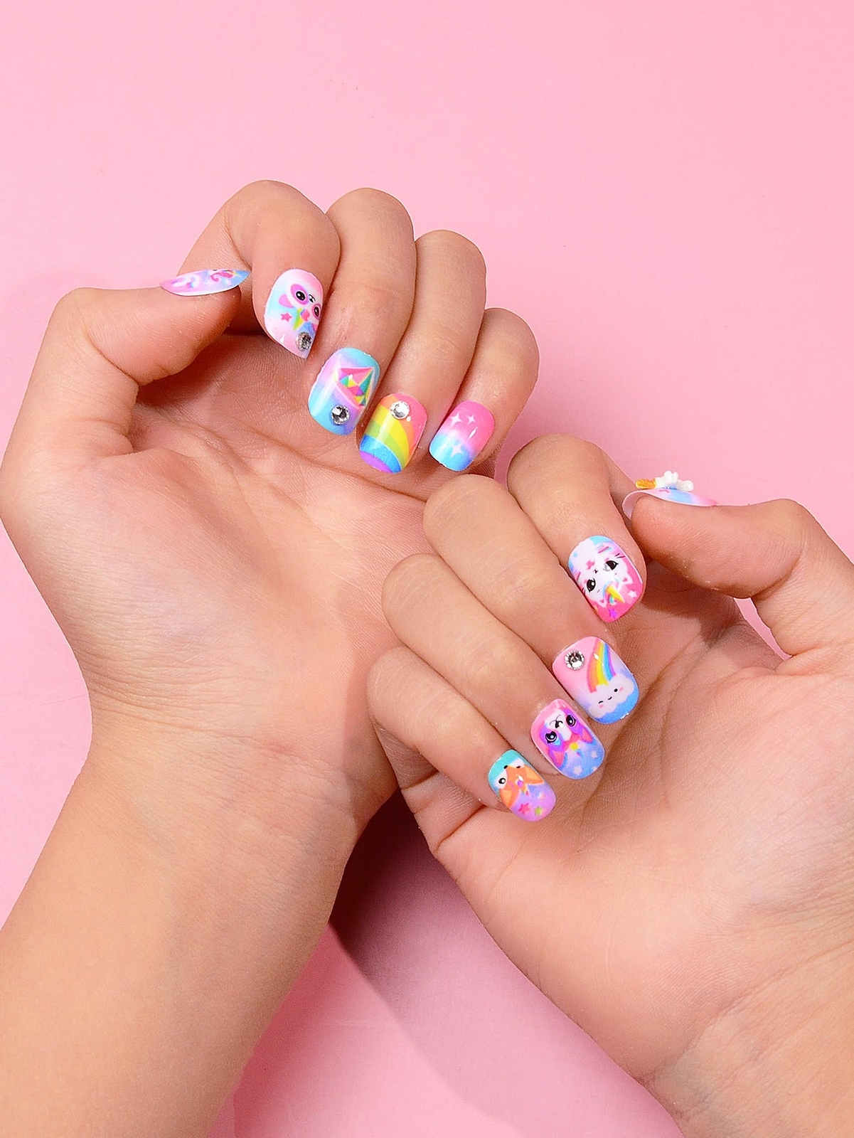 20pcs Kids Short Square Rainbow Unicorn Cartoon Fake Nail False Nails ...