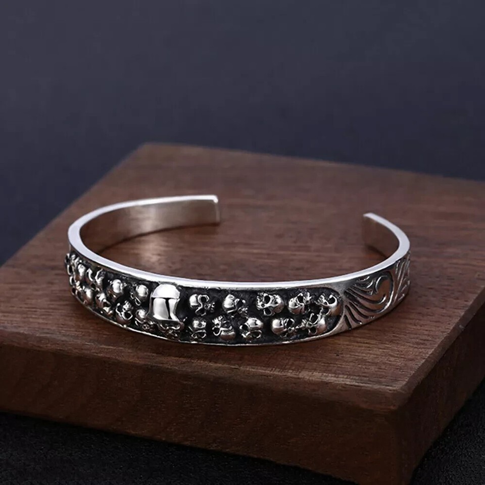 Real Solid 925 Sterling Silver Cuff Bracelet Skeletons Skull Open ...