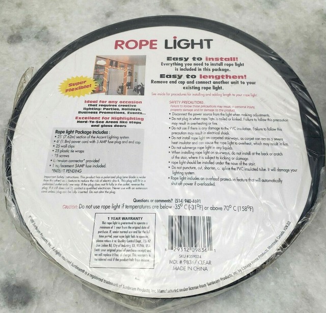 Sunbeam 25' Indoor & Outdoor Clear Rope Light String in Original for ...