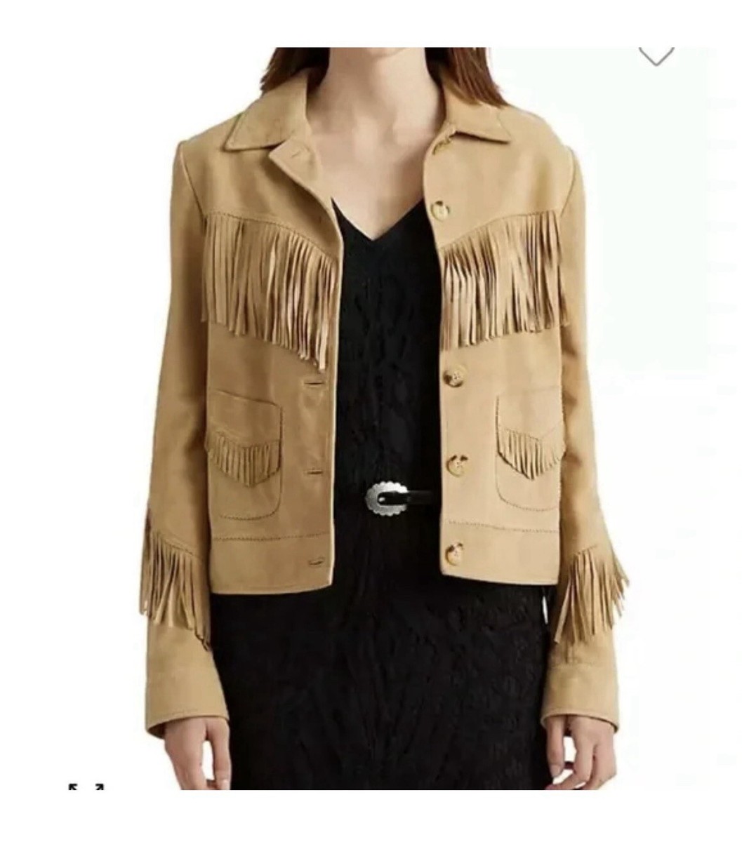 Ralph Lauren Women's Fringe Goat Suede Jacket Western Beige Ralph Lauren Women's Fringe Goat Suede Jacket Western Beige