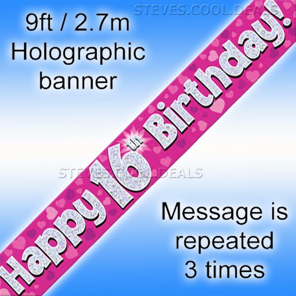 HAPPY BIRTHDAY AGE BANNERS PINK HEARTS GIRLS HOLOGRAPHIC 9FT LONG PARTY ...