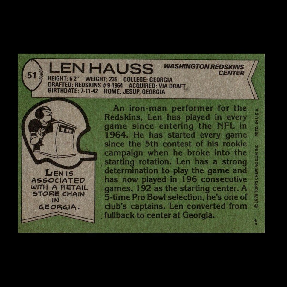Len Hauss 1978 Topps Washington Redskins #51 R308B 1 | eBay