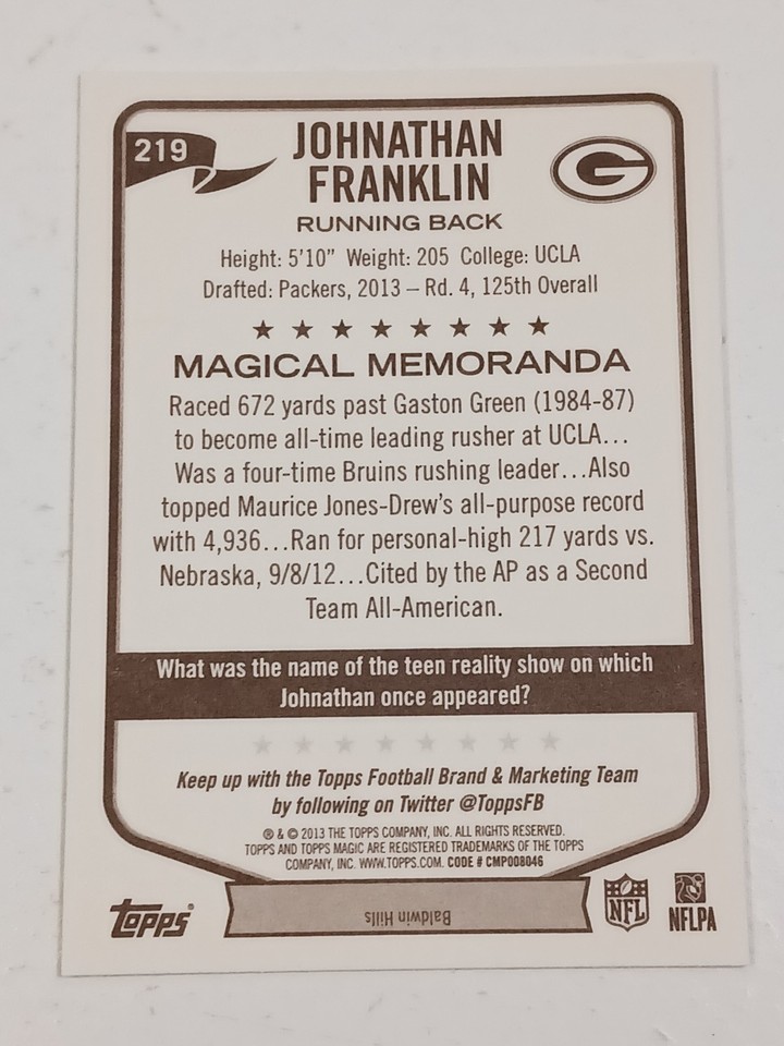 Johnathan Franklin Green Bay Packers 2013 Topps Magic Rookie Card #219 ...