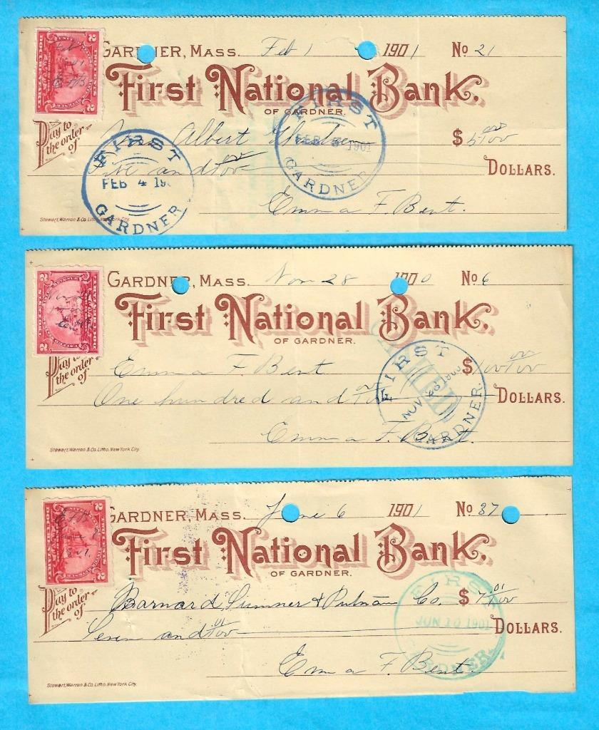 DOCUMENTARY STAMPS ON THREE FIRST NATIONAL BANK OF GARDINER, MASS ...