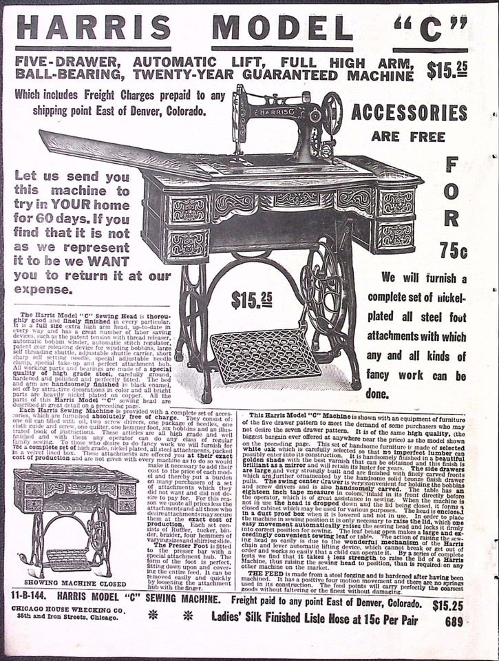 1912 Harris Model C Sewing Machine Five Drawer Cabinet Model Print Ad ...