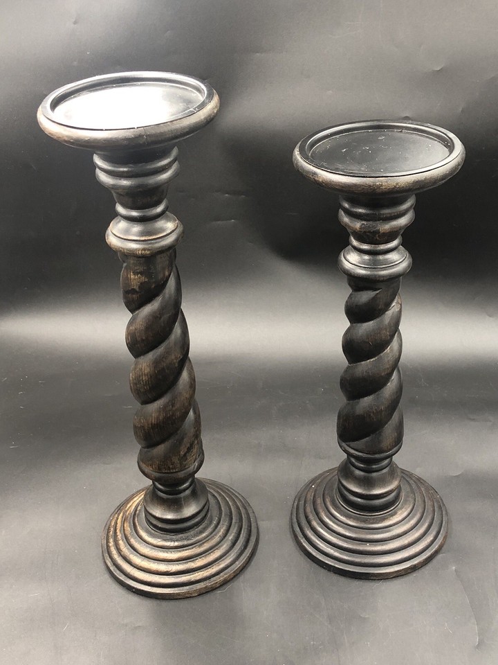 Large Dark Stained Wood Pillar Candle Stick Holders 17” & 15” Tall ...