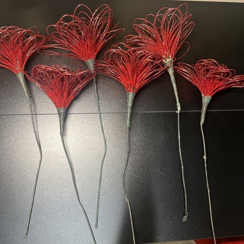 Vintage glass seed beads LARGE 16" flowers Red Poinsettias? Wire Stems ...