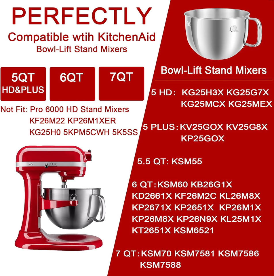 6QT Stainless Steel Mixer Bowl with Handle Compatible with Kitchenaid ...