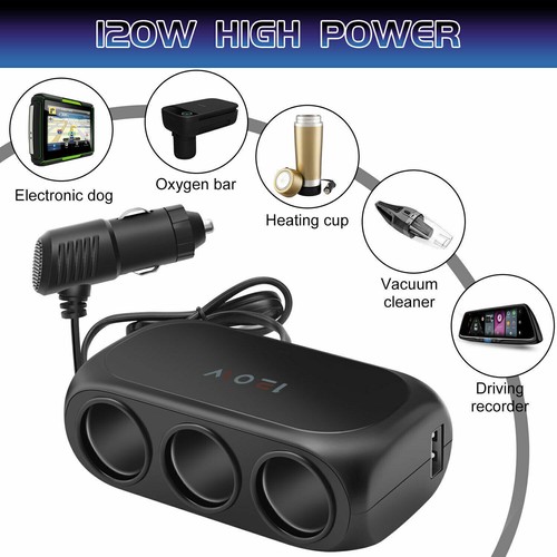3 Way 12V 24V Multi Socket Car Cigarette Lighter Splitter USB Charger ...