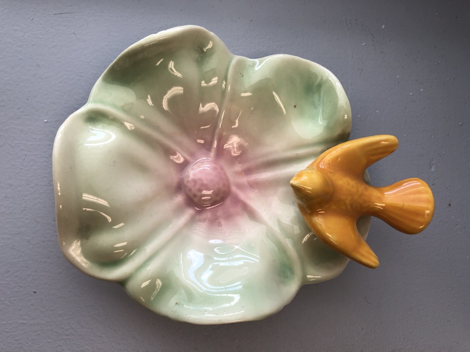 Vintage Royal Copley Yellow Bird on Green & Pink Lotus Flower Trinket ...