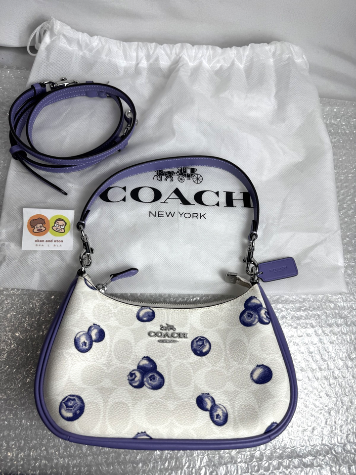 COACH Teri 2way Shoulder Bag Signature Canvas Leather Blueberry Print ...