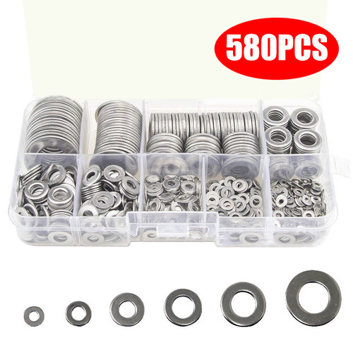 580pcs 304 Stainless Steel Flat Washer Kit M2 M2.5 M3 M4 M5 M6 M8 M10 ...