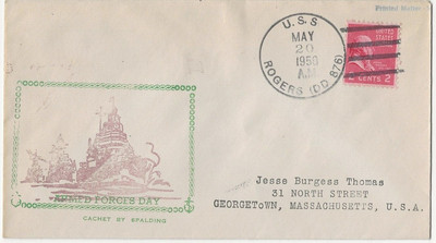 USS ROGERS (DD-876) MAY 20 1958 1946 SHIPS COVER .. CACHET..ARMED ...