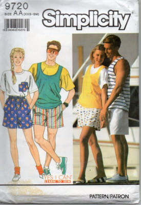 SIMPLICITY 9720 UNISEX SHORTS & TOPS SIZE XXS-S SEWING PATTERN 1990 ...