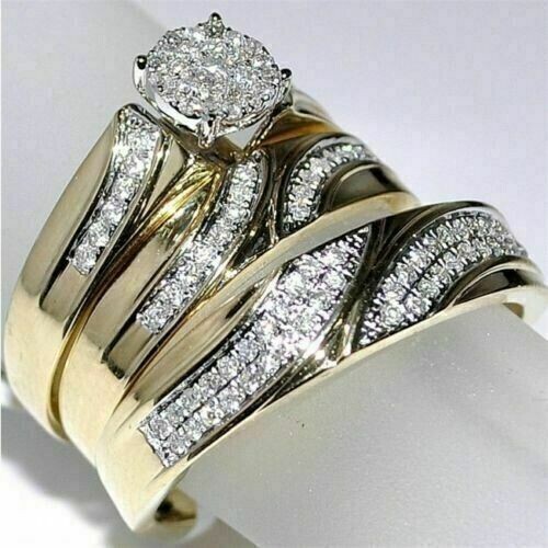 Lab Created Diamond Engagement Wedding Ring 14K Gold Finish Trio Set ...