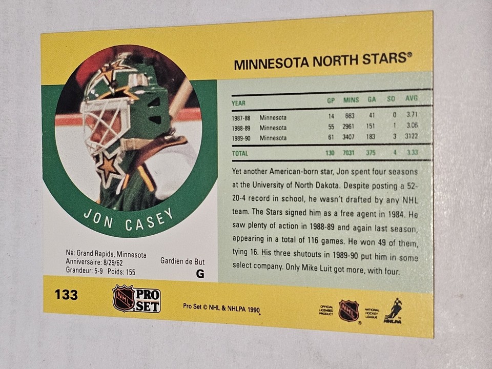 1990 Pro Set 133 Jon Casey Minnesota North Stars | eBay