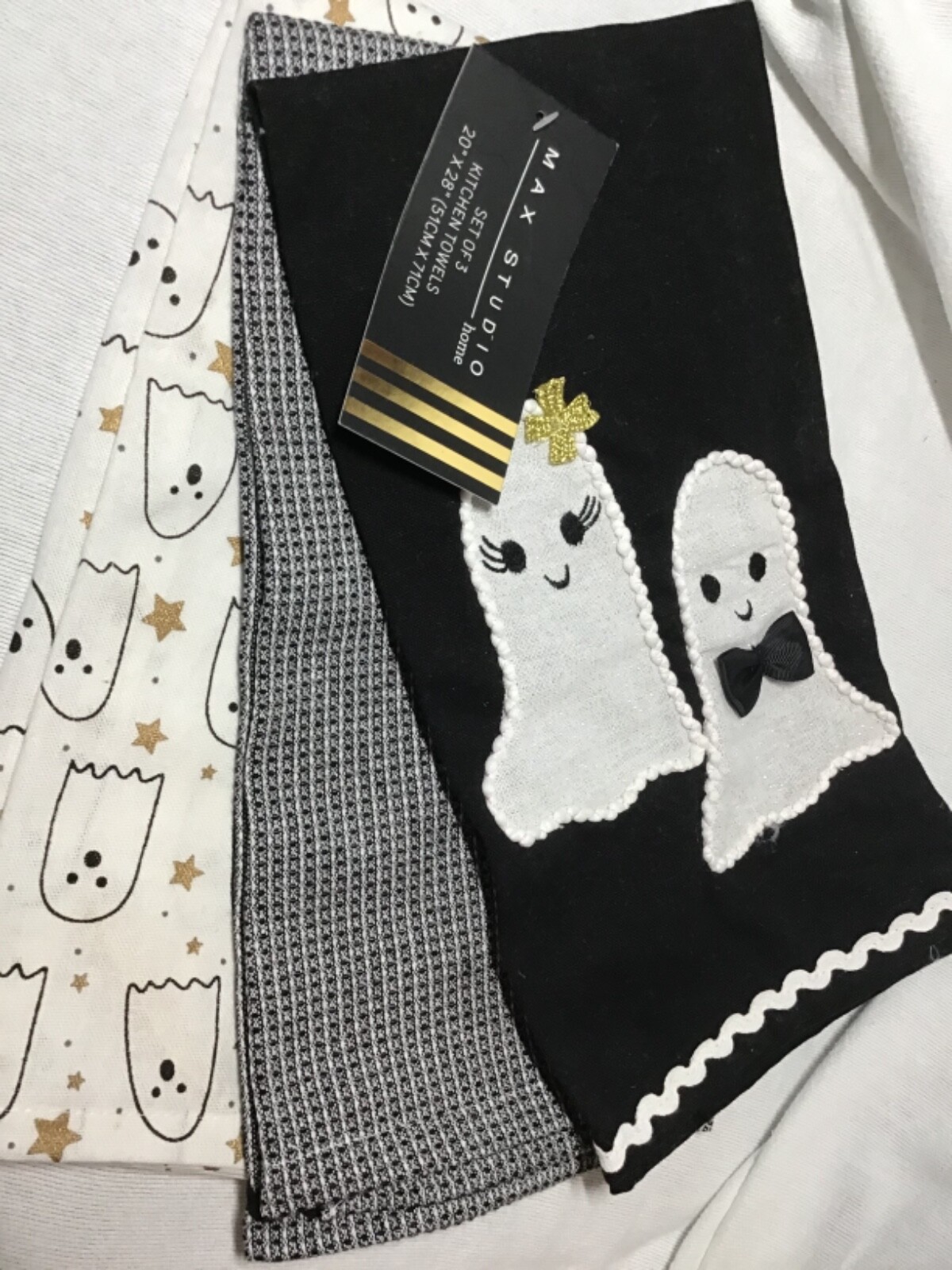 MAX STUDIO HOME KITCHEN TOWELS (3 ) GHOSTS BLACK WHITE 20 X 28 100% ...