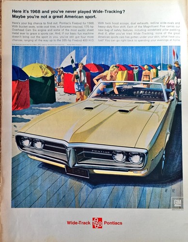 Print Ad 1968 GM Pontiac Firebird - Wide-Track-Convertible-Summer Beach ...