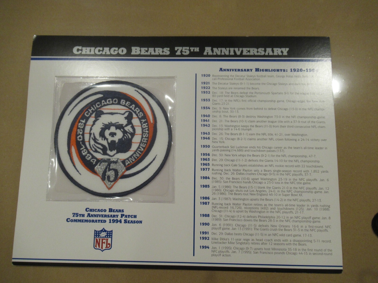 1 chicago bears 75th anniversary team patch worn in 1994 season | eBay