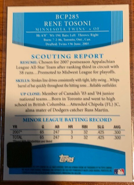 2008 Bowman Chrome Prospect Autograph #BCP285 Rene Tosoni Minnesota ...