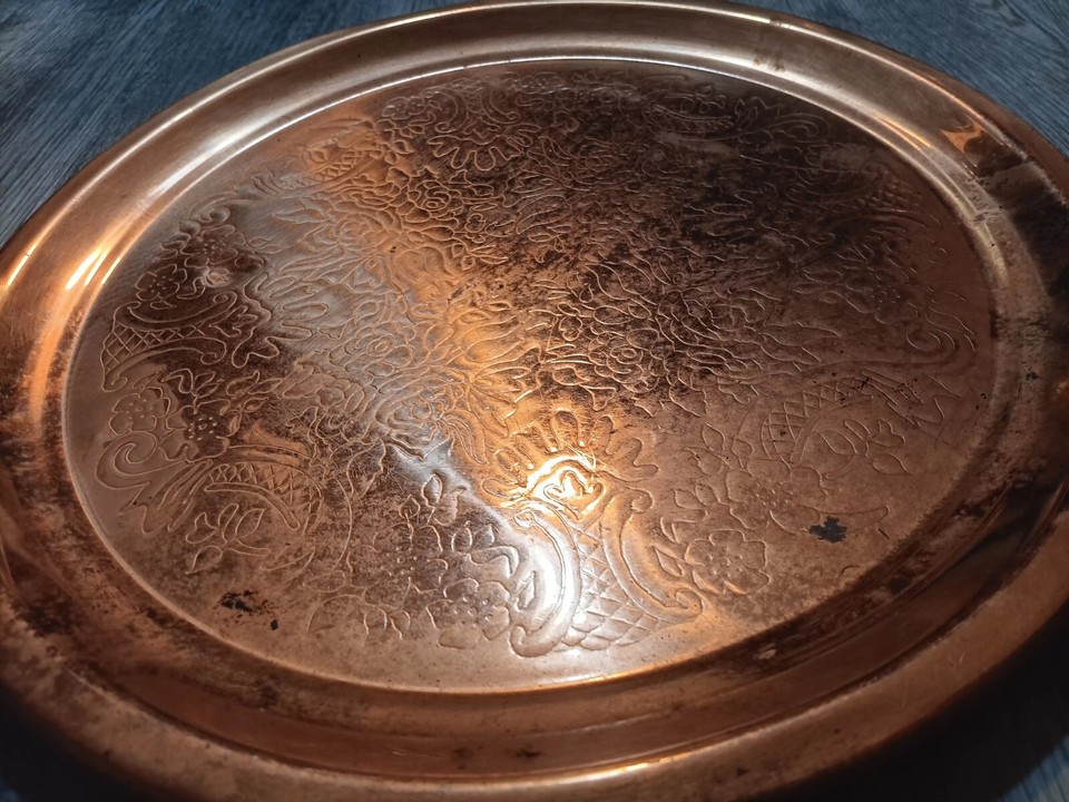 12-1/8" Round VTG Princess House Etched Copper Serving Tray Floral ...
