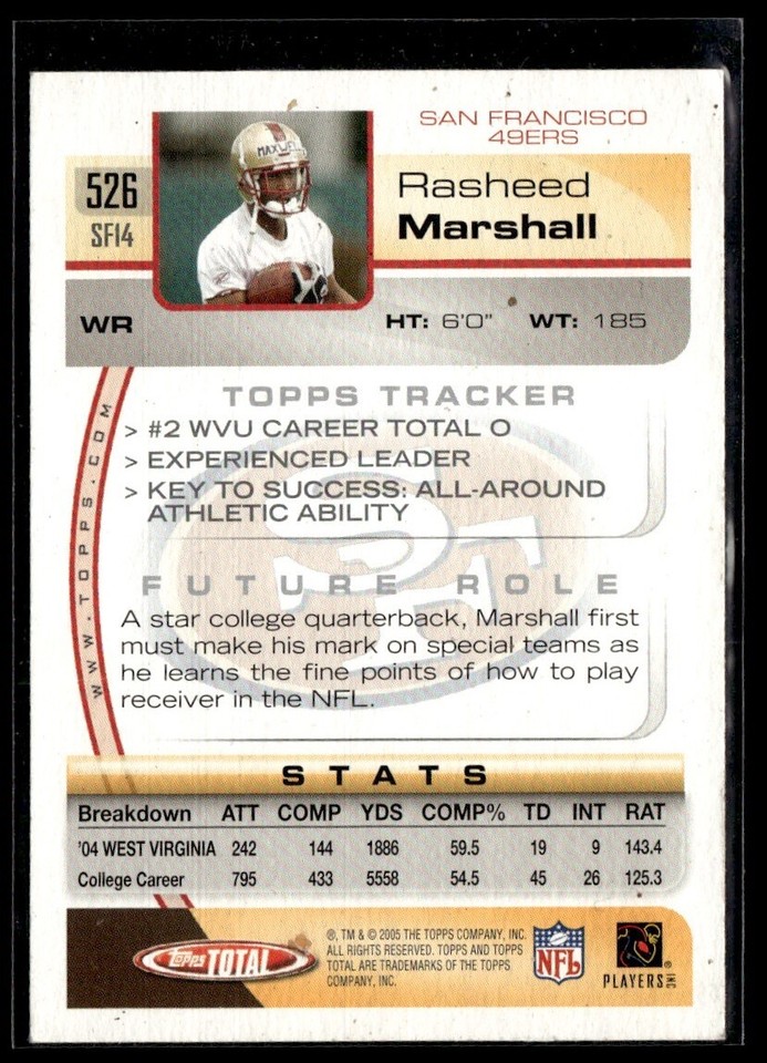 2005 Topps Total Silver Rasheed Marshall Rookie San Francisco 49ers ...