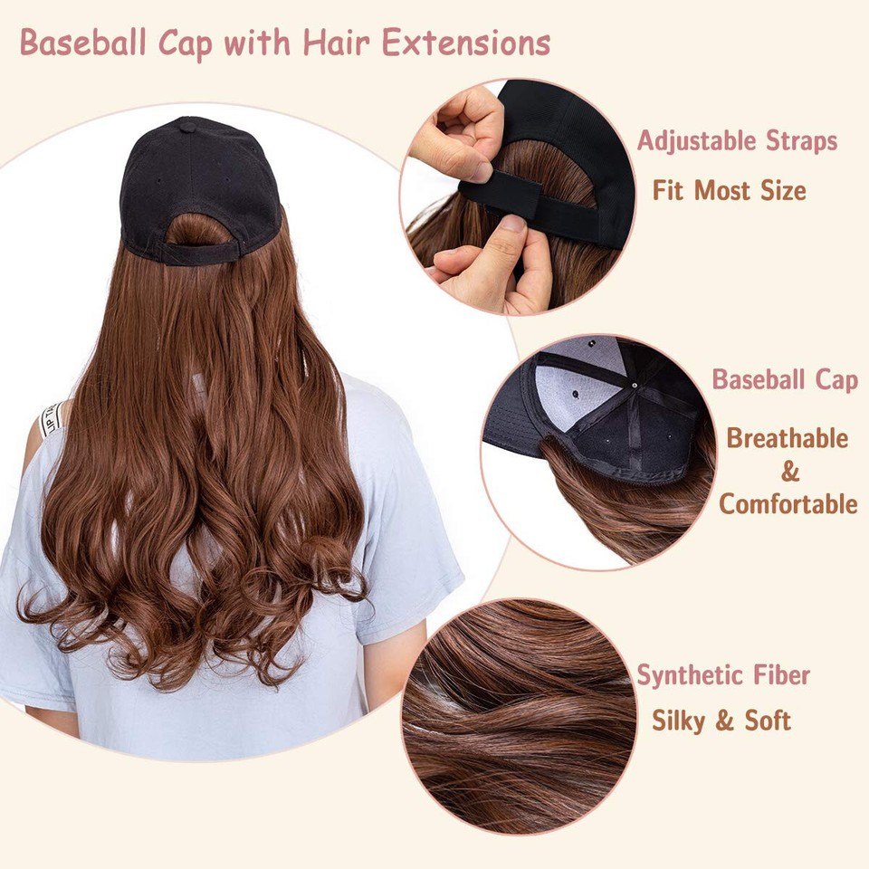 Baseball Cap Hair Long 24" Extension women wavy dark brown adjustable ...