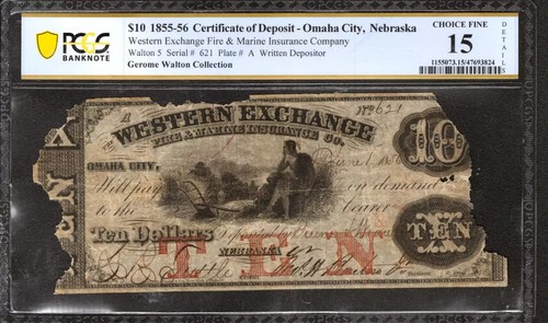 1856 $10 WESTERN EXCHANGE OMAHA CITY NEBRASKA OBSOLETE NOTE PCGS B ...