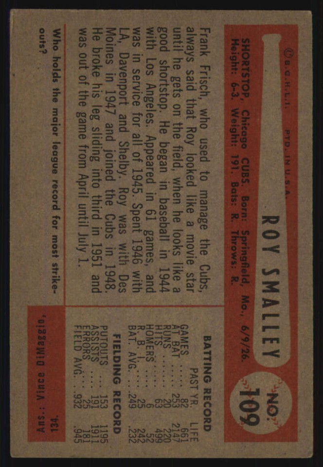 1954 Bowman #109 Roy Smalley VG/VGEX Cubs 567733 | eBay
