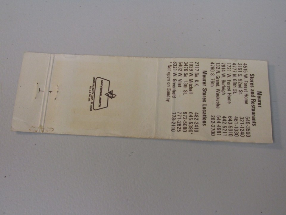 Ai239 Matchbook Cover Meurer Restaurants Bakeries Milwaukee WI ...