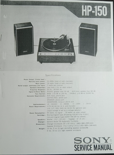 Sony HP-150 Service Manual Record Player With Speakers Photocopy | eBay