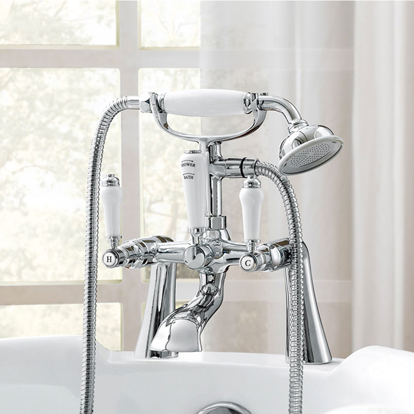 Traditional Bath Shower Mixer & 3 Way Round Rigid Riser Kit & Basin ...