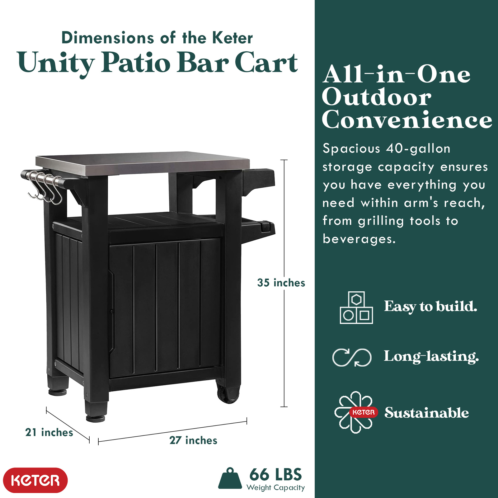 Keter 228833 Unity Indoor/Outdoor BBQ Entertainment Storage Table/Prep ...