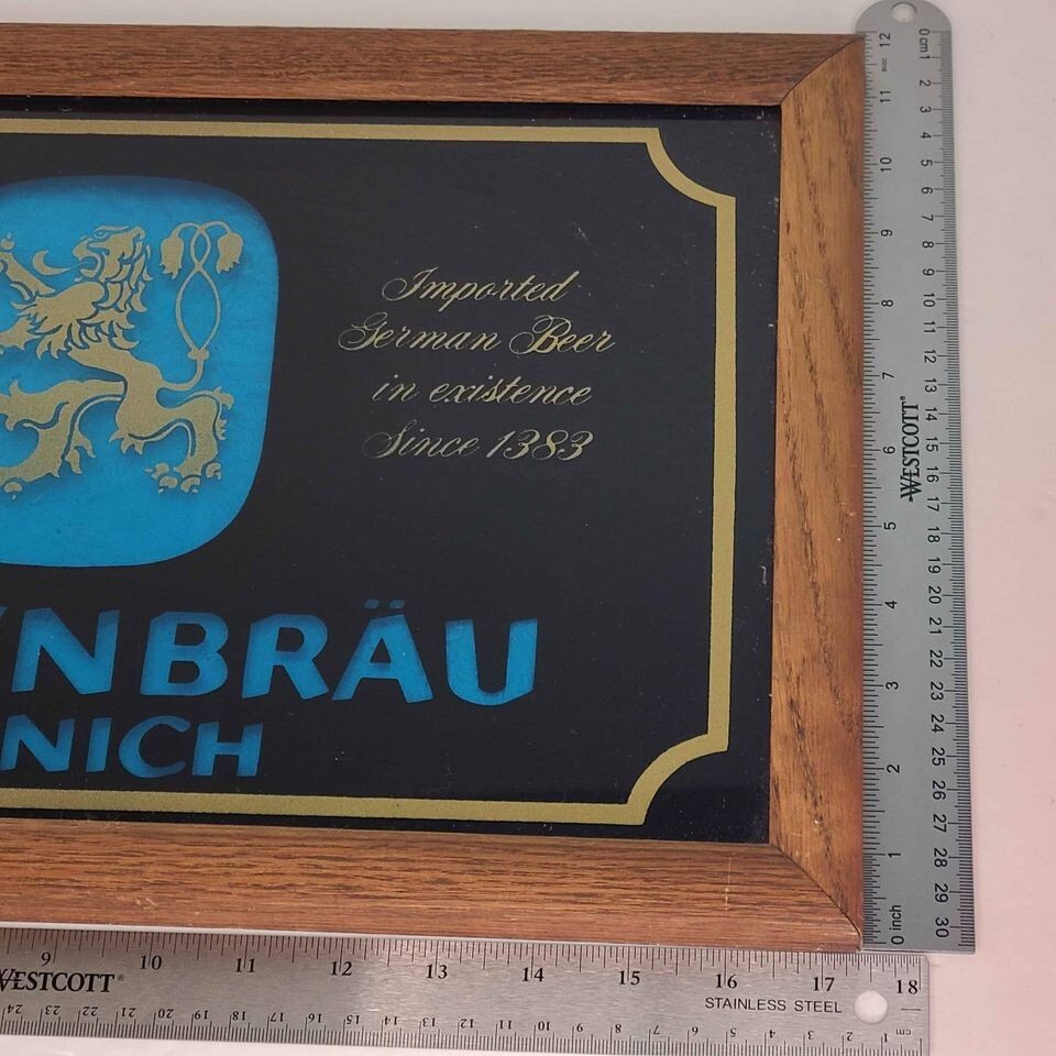 Vintage German Beer Sign Lowenbrau Munich Blue Foil Gold Leaf Glass Bar ...
